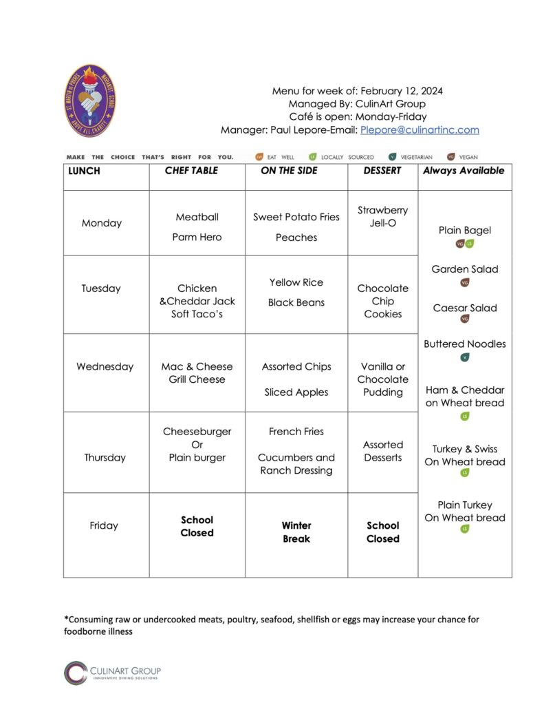Lunch Menu – St. Martin de Porres Marianist School